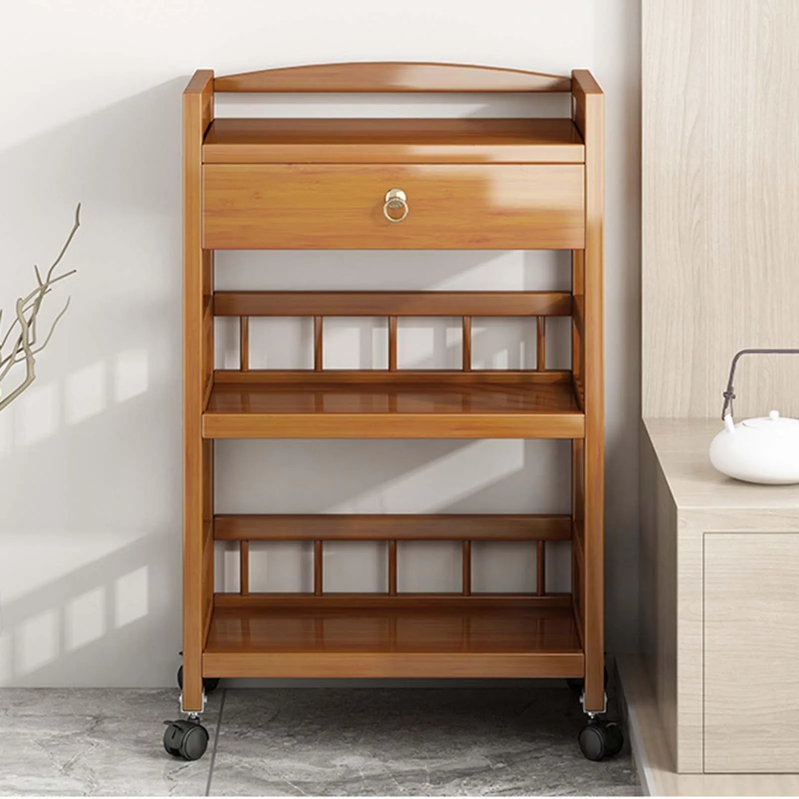 3-Tier Wooden Tea Table on Wheels, Mobile Corner Cabinet, Living Room ...