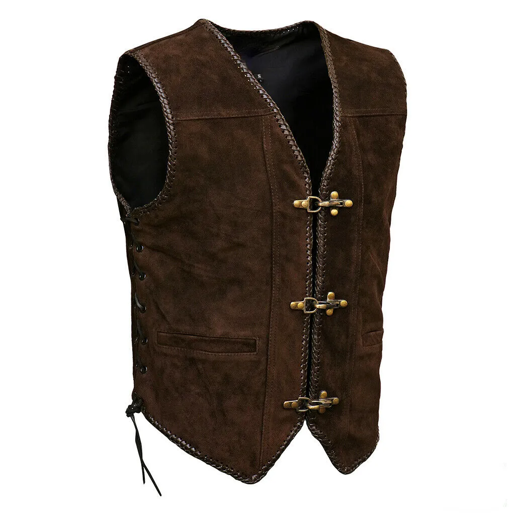 Genuine Suede Leather Vest: Versatile Brown Fashion with Triple Clasp ...