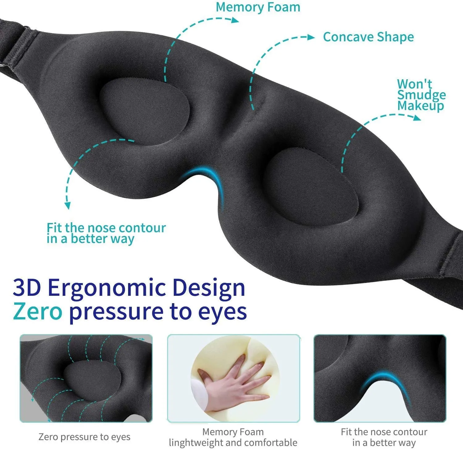 3D Contoured Eye Sleep Mask, Night Blindfold, Light Blocking Eye Cover ...