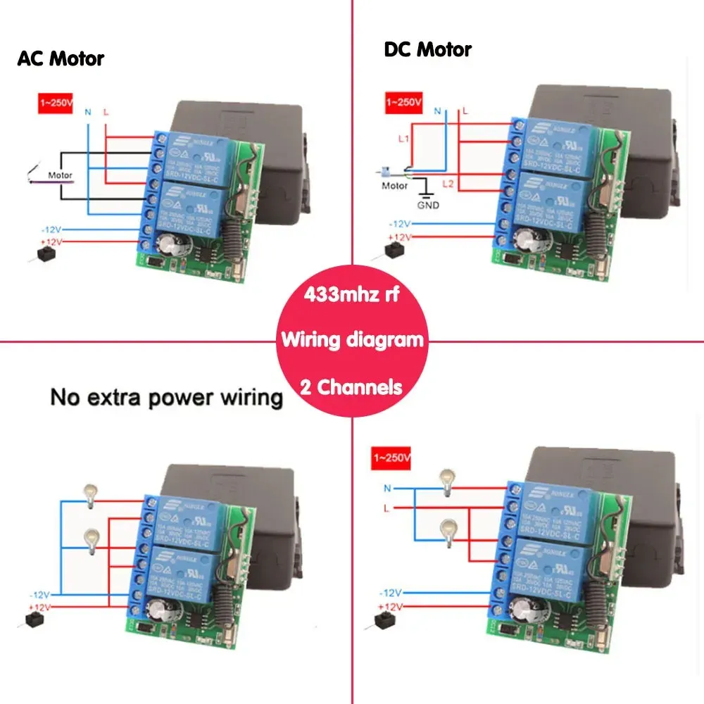 Remote Control Relay Switch DC 12V 2CH Wireless Controller With Garage ...