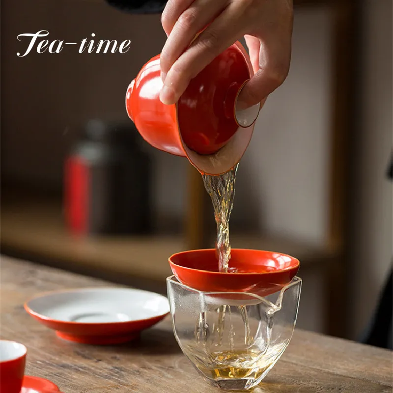 Ceramic Tea Infuser with Coral Red Glaze Porcelain Tea Strainer and ...