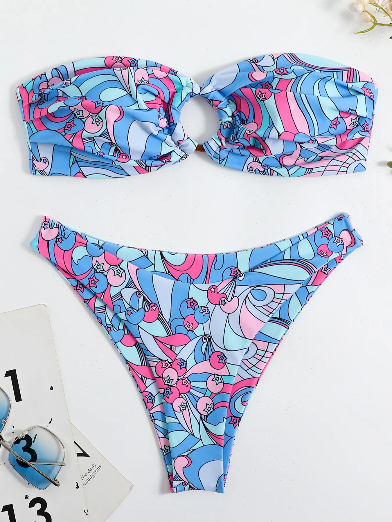 Double-Sided Print Bandeau Bikini Set Women Strappy Off-The-Shoulder ...