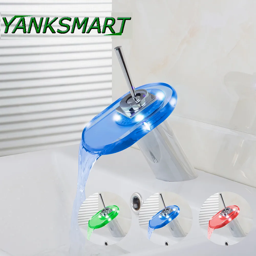 YANKSMART Modern Single Hole Waterfall LED Bathroom Faucet, Chrome ...
