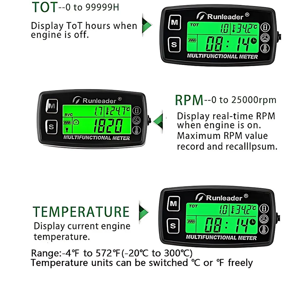 Tach Hour Meter Tachometer with Digital Engine Temperature Gauge & RPM ...