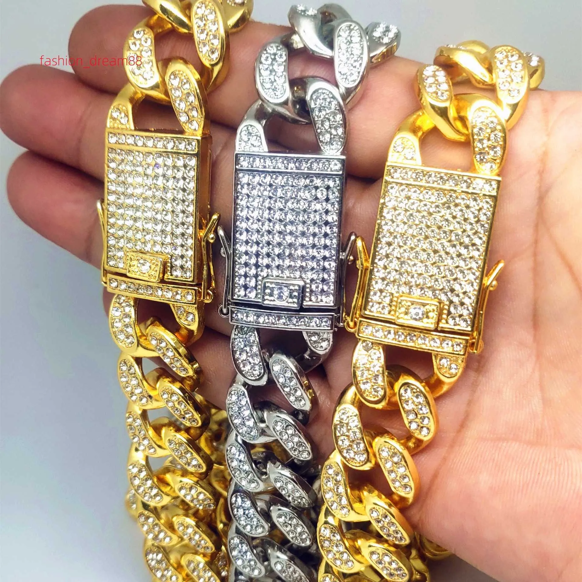 Mens Rhinestone Miami Cuban Link Chain Mens Diamond Necklace 20mm Width ...