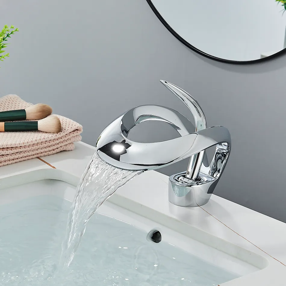 2024Uythner Luxury Waterfall Basin Faucet, Single Handle Deck Mounted Basin Tap, Brass Bathroom ...