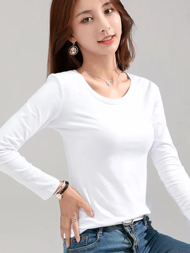 Womens Slim White Long-Sleeve T-Shirt with O-Neck Collar, Polyester ...