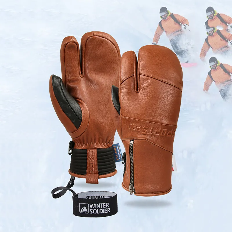 2024Unisex Goatskin Leather Snow Gloves, Plus Velvet Warm Ski Mittens ...