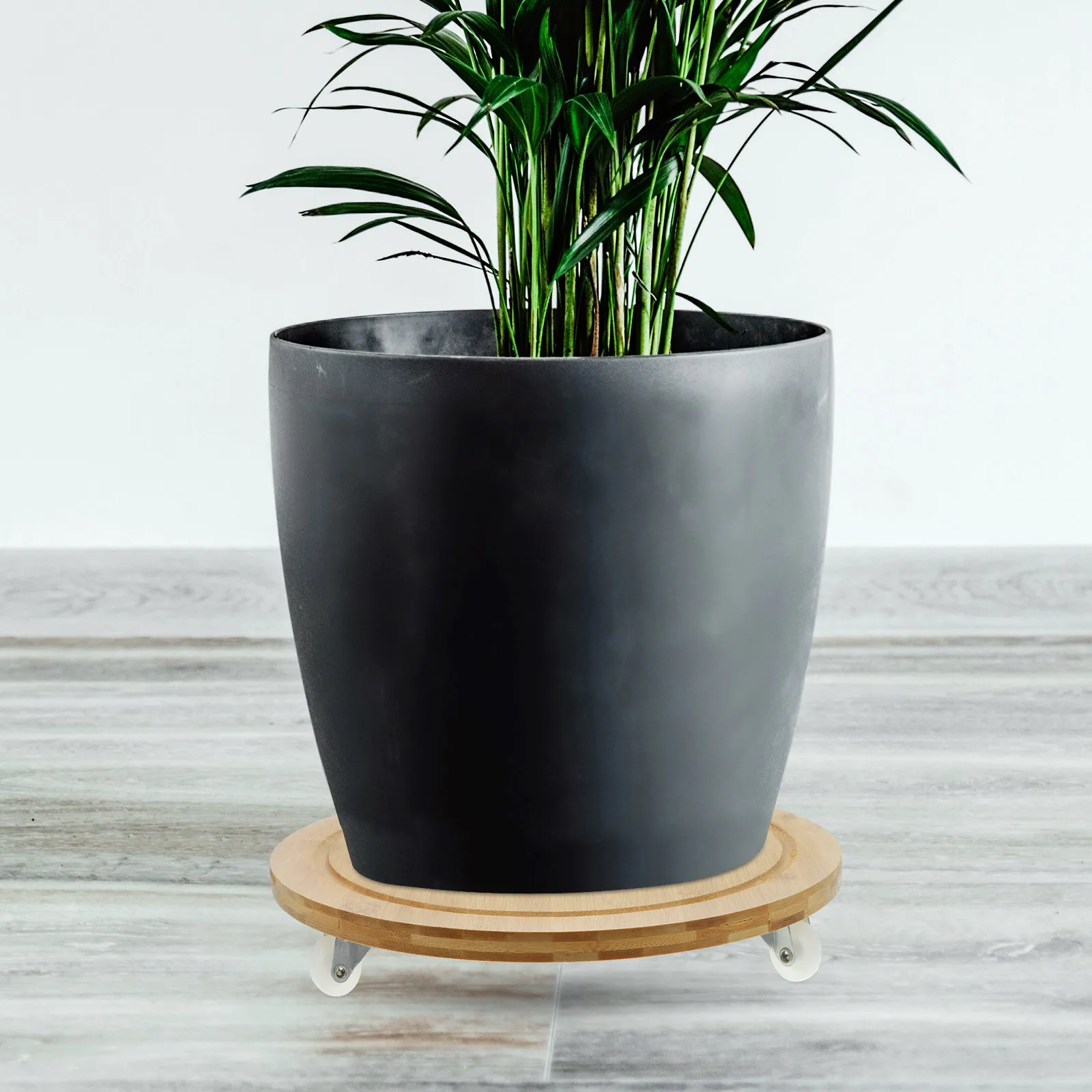 Plant Stand Rack Mobile Wooden Flower Pot Stand With Wheels Round Tray ...