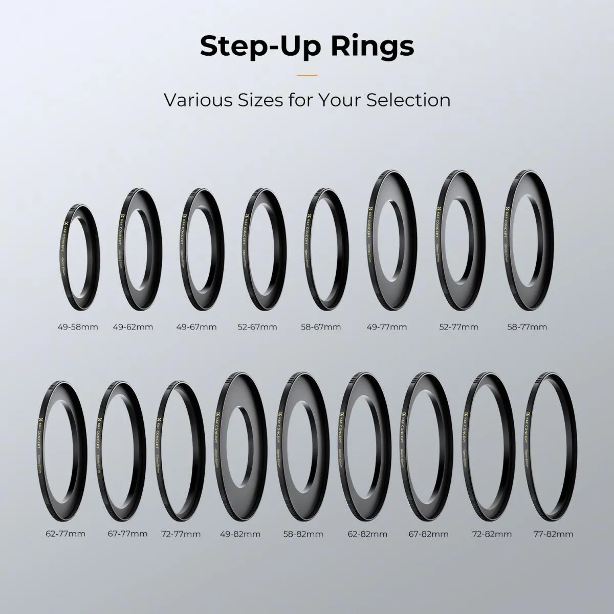 K&F Concept 49-82mm Brass Step-Up Adapter Ring with Cleaning Cloths for ...