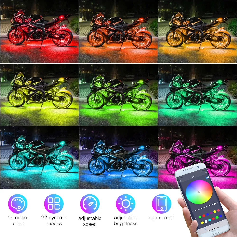 12V Motorcycle RGB LED Strip Lights with Smart Bluetooth Control ...