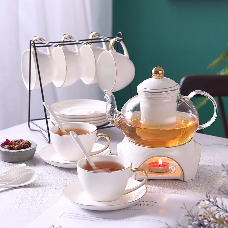Gold and White Ceramic Tea Set with Candler Strainer and Floral Glass ...