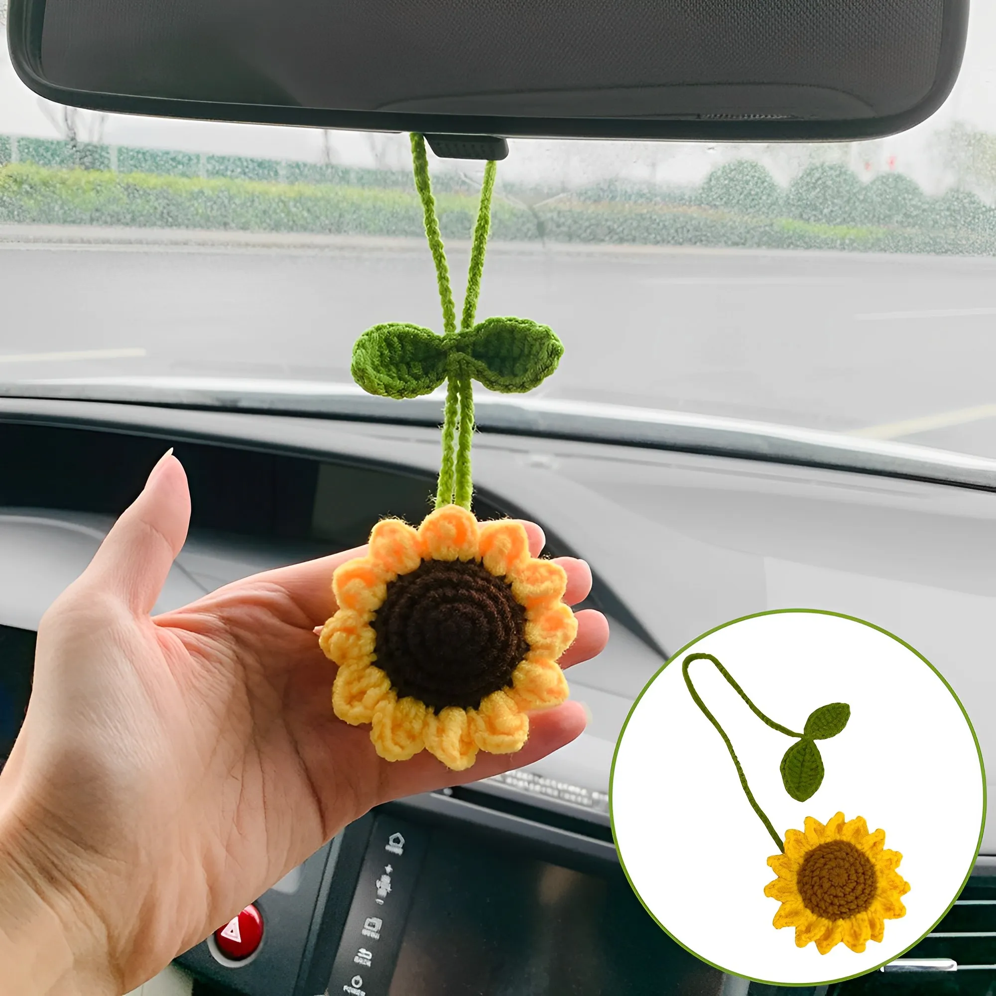 Handmade Sunflower Car Mirror Charm Women s Car Decor Rearview Mirror Hanging Ornament