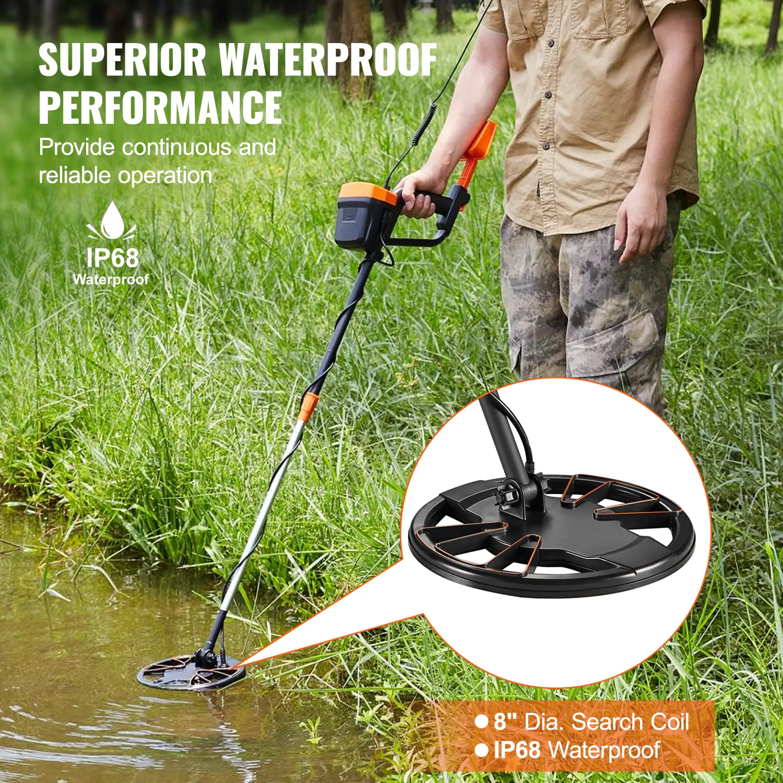 VEVOR Metal Detector Waterproof 8 Coil, High-Accuracy Pointer Display ...
