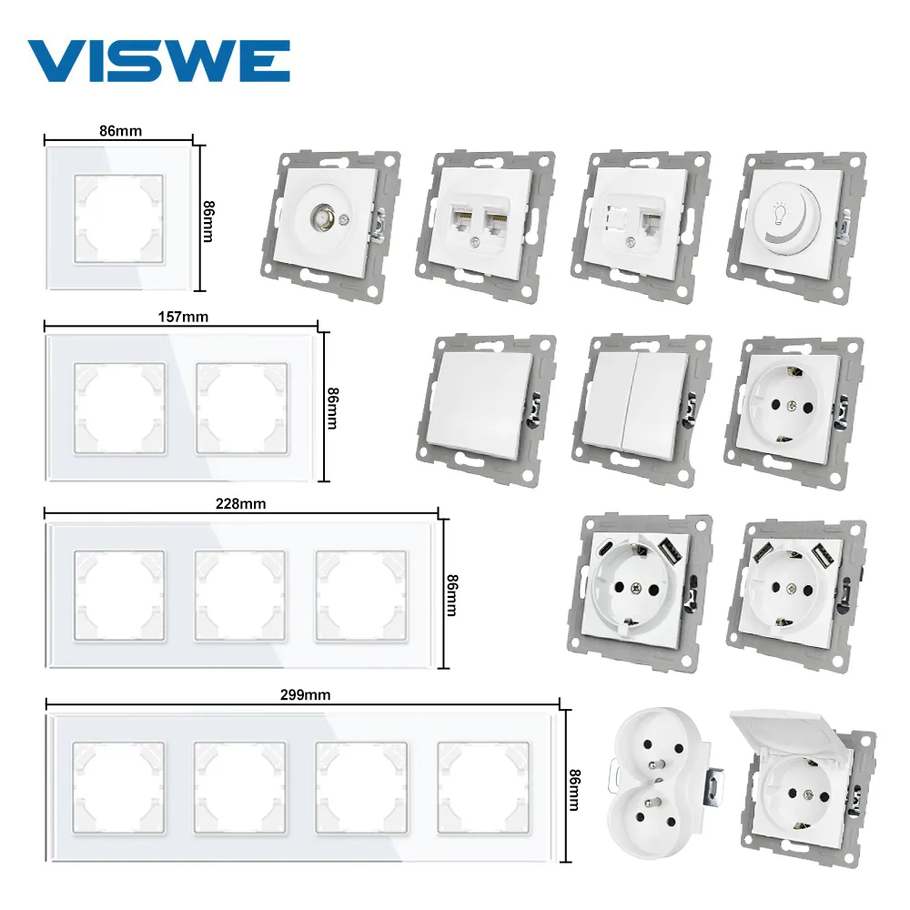 VISWE 220V Glass Panel EU Electrical Outlet w/ Dual USB Ports, Tempered ...