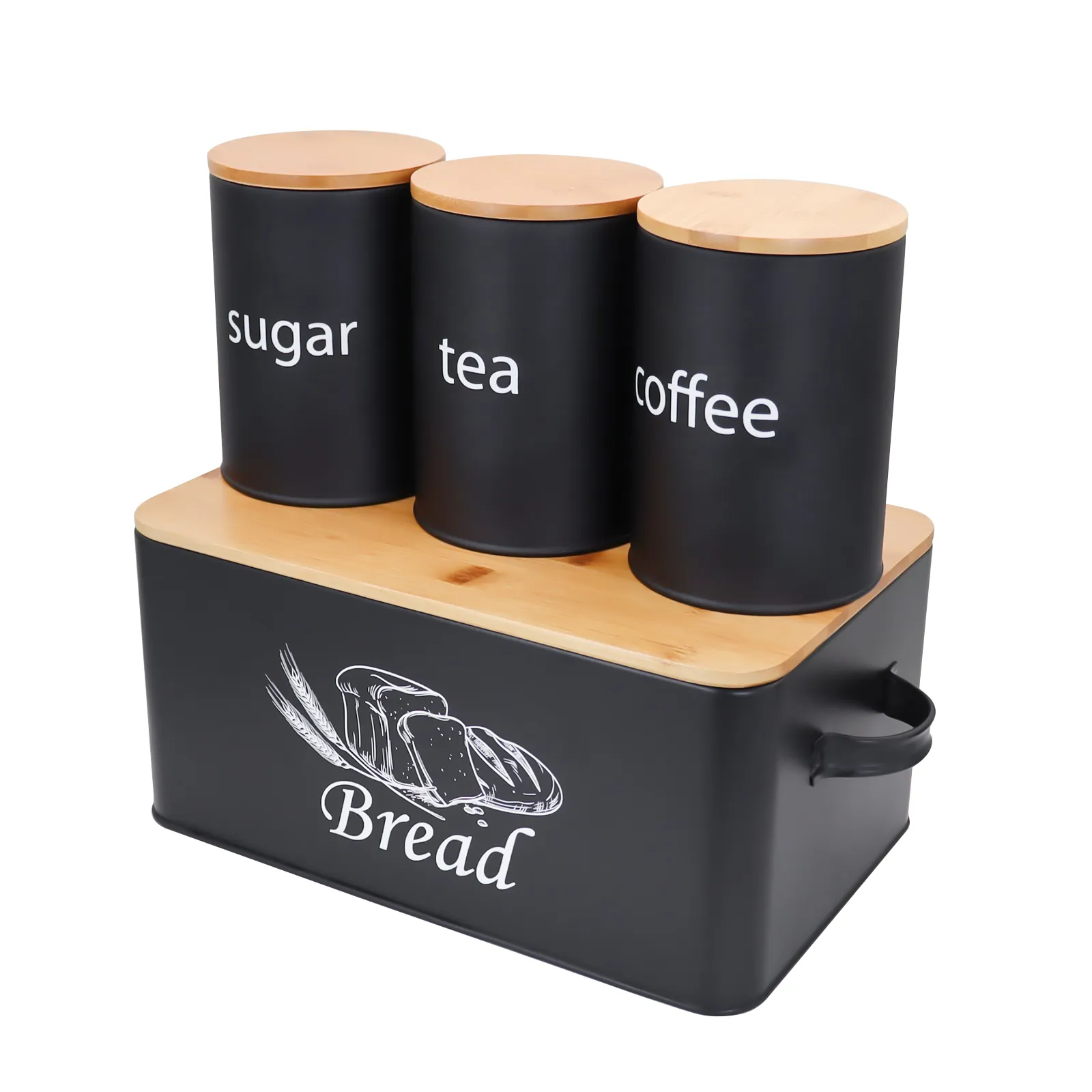 Bamboo Bread Box Set: Kitchen Storage Container with Coffee, Sugar, Tea ...