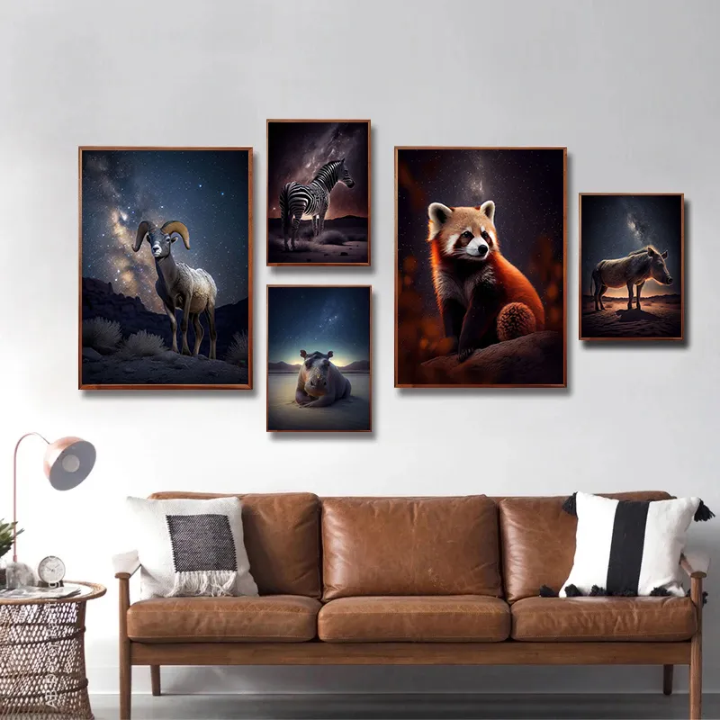 Canvas Wall Art Prints: Wild Animals Under Milky Way Lions, Tigers ...