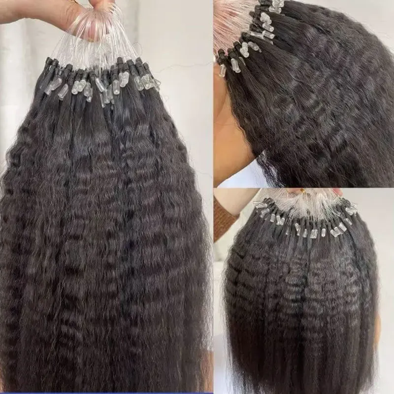 Kinky Straight Microlink Hair Extensions: Natural Black Brazilian Micro ...