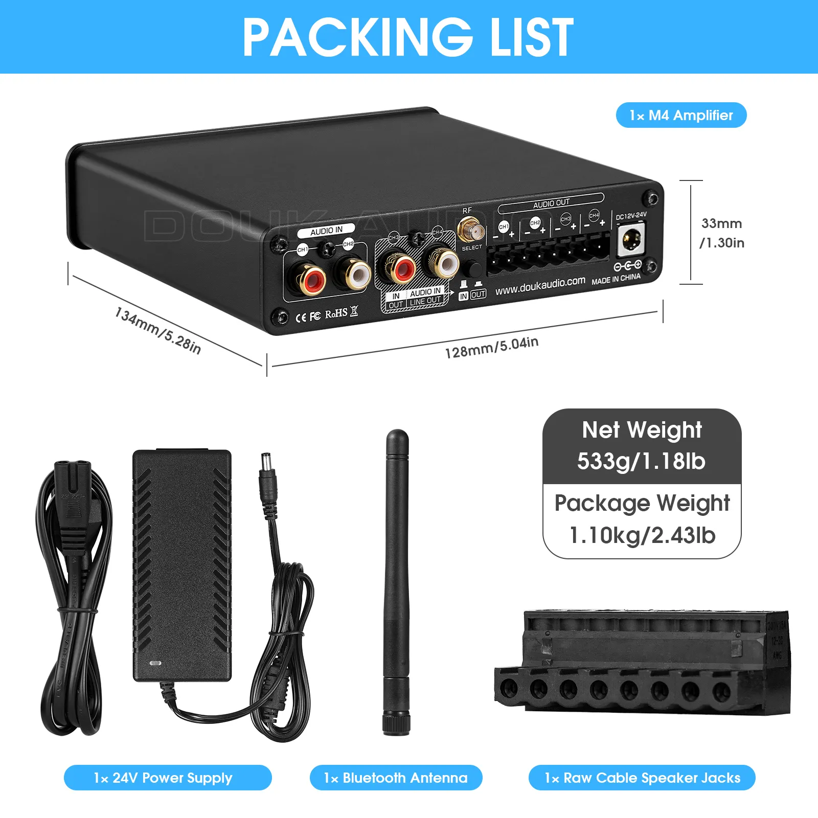 Douk Audio M4 Mini 2/4CH HiFi Bluetooth 5.0 Digital Amplifier Desktop ...