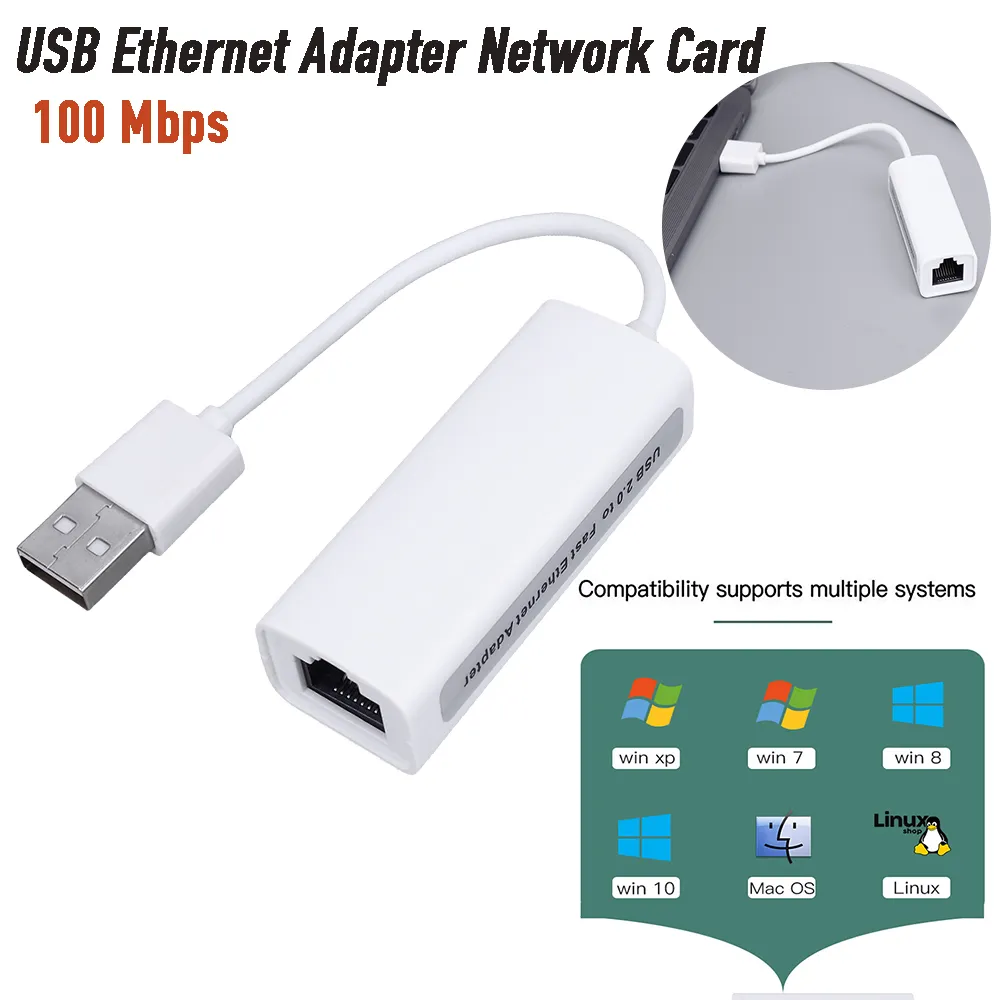 USB 2.0 Ethernet Adapter Network Card, 100 Mbps, USB A to RJ45 LAN ...