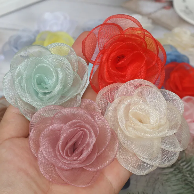 Multicolor Organza Fabric Roses - 5 Pack of 6CM Artificial Silk Flowers ...