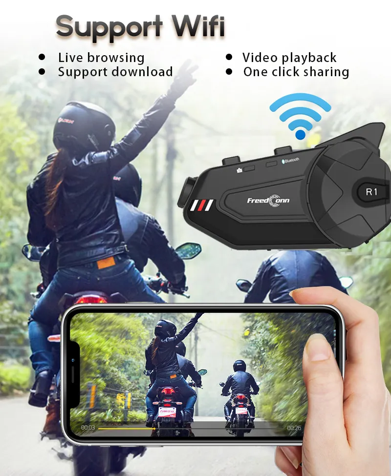 FreedConn R1 PLUS Motorcycle Helmet Headset, 6-Rider Intercom, 1080P ...