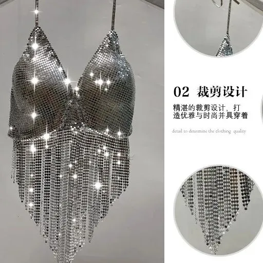 Shimmering 2024 Aluminum Metal Glitter Bra Top Body Chain For Women ...