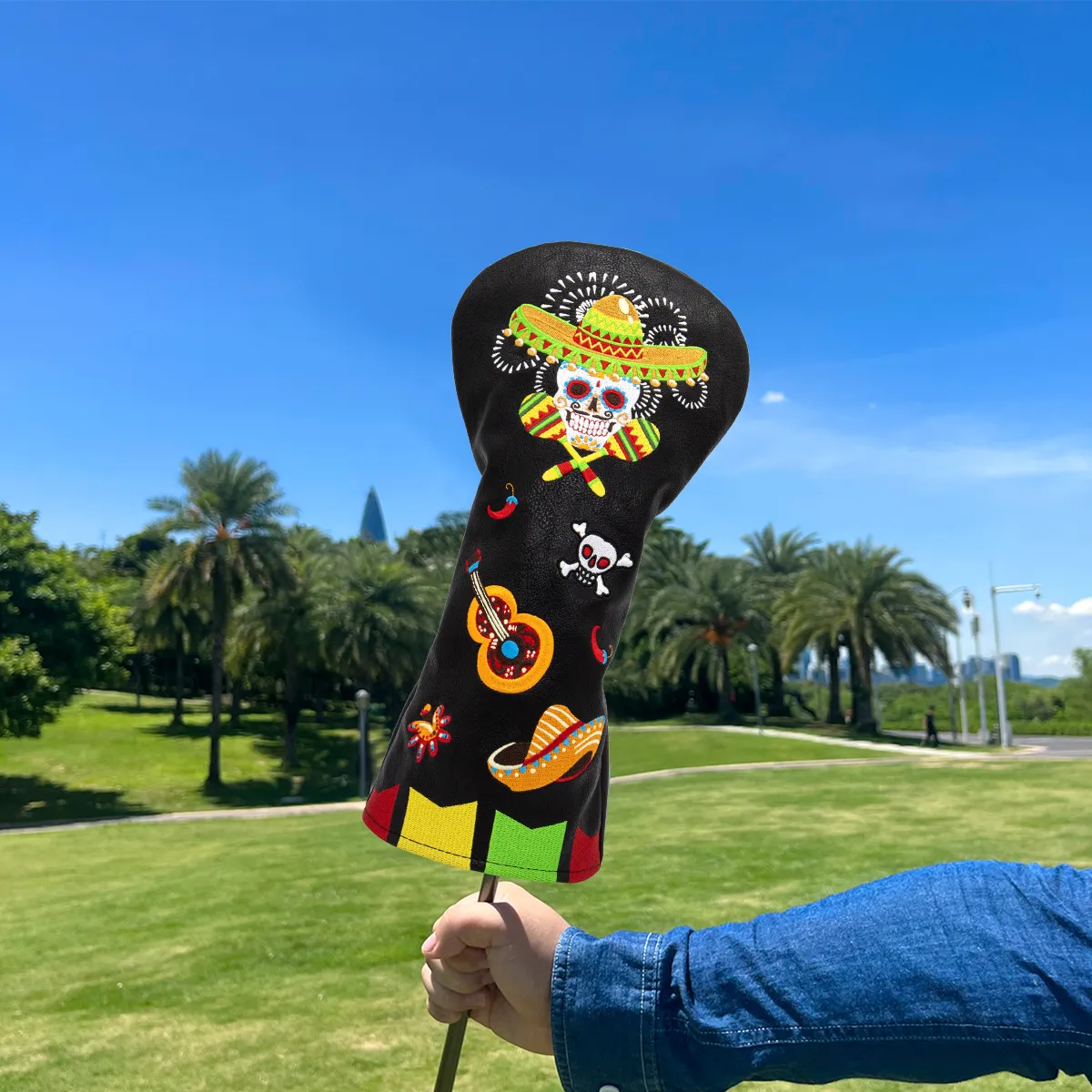 Mexican Sk-ull Embroidered Premium Leather Black Golf Club Covers for ...