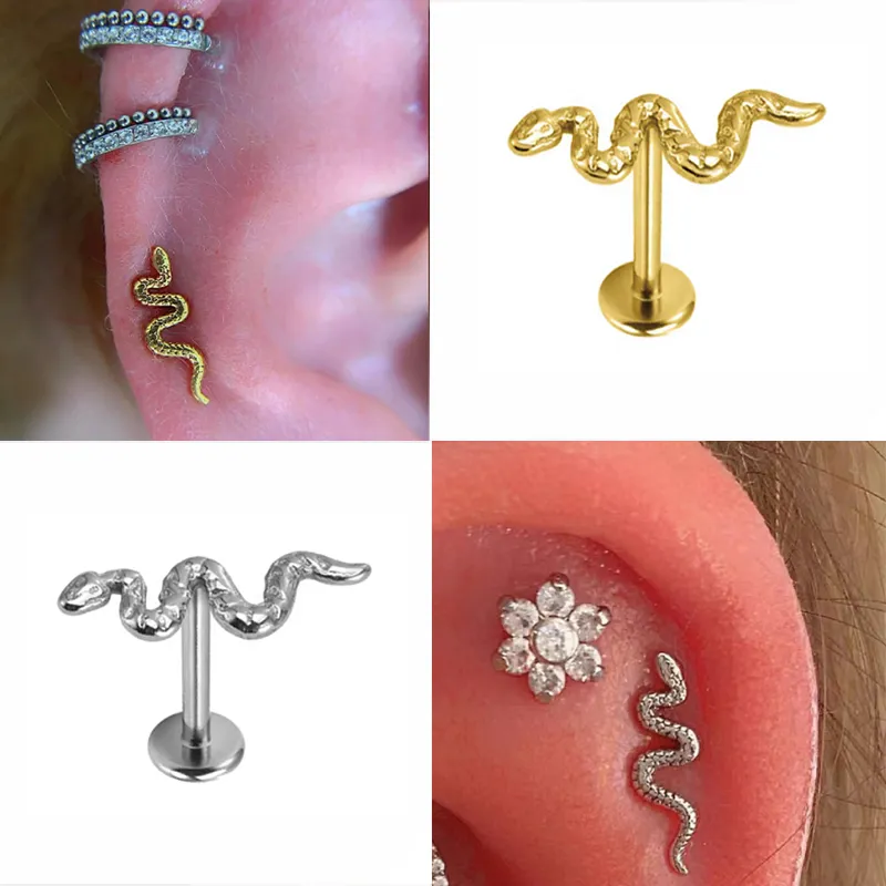 G23 Titanium Labret Lip Stud Earrings 16G Internal Thread Snake Leaf ...