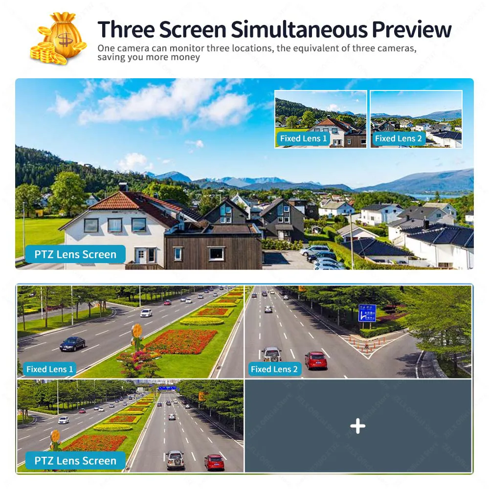 12MP 5K Panoramic View WiFi Camera with 3 Lenses and 3 PTZ for 360 ...