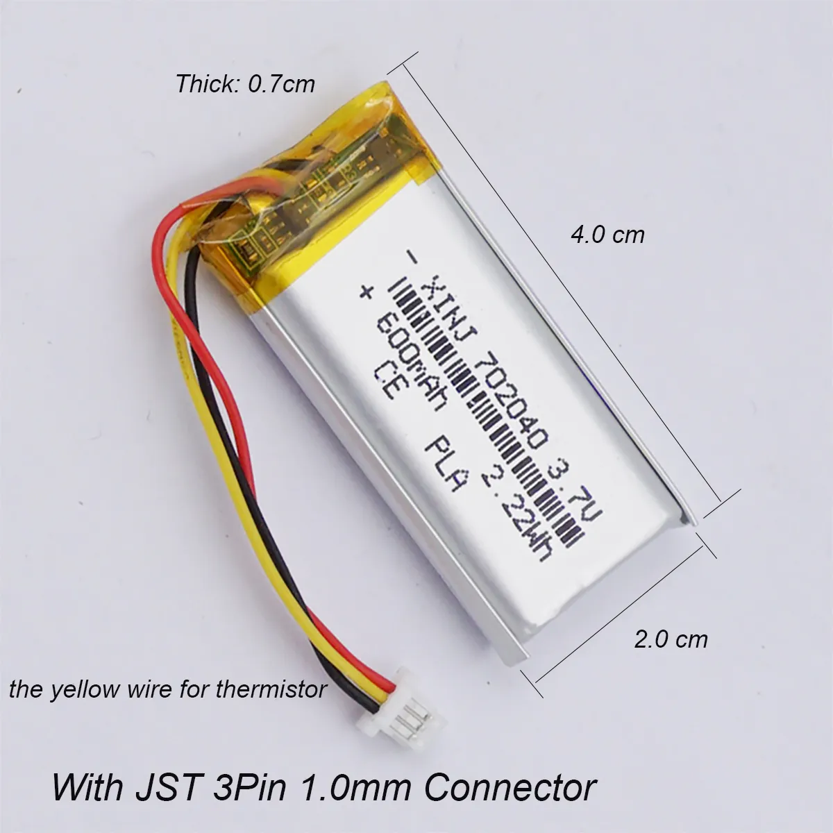 3.7V 600mAh 2.22Wh 702040 Thermistor NTC 3 Wires JST 3Pin 1.0mm Plug Li ...