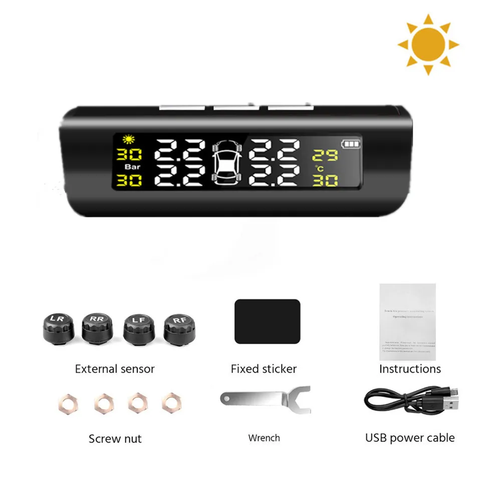 Smart Solar TPMS Tire Pressure Monitoring System, 4 LCD Screen Sensors ...