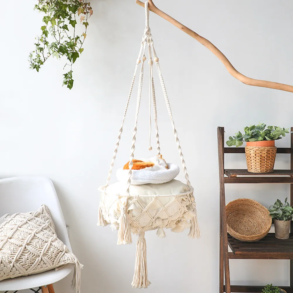 Large Macrame Cat Hammock Hanging Swing Pet Bed Basket for Cats and ...