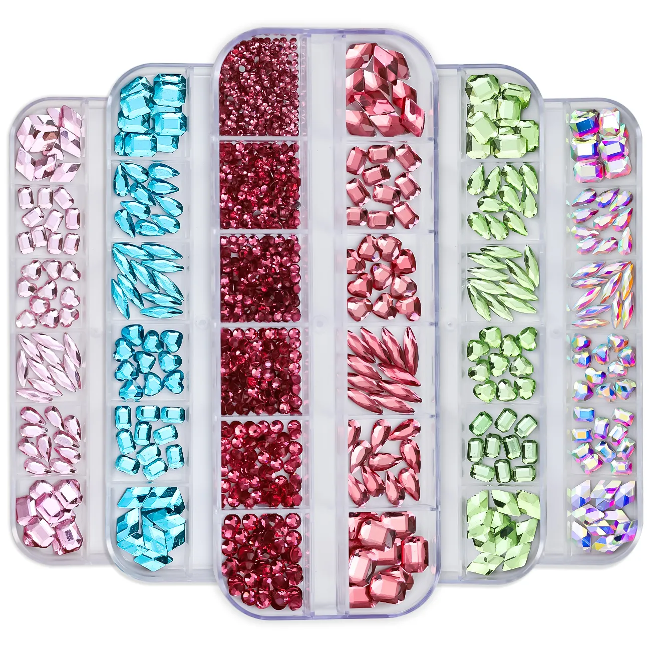 12 Grids Crystal Nail Art Rhinestones, Glass Mix Shapes, AB Green Blue ...