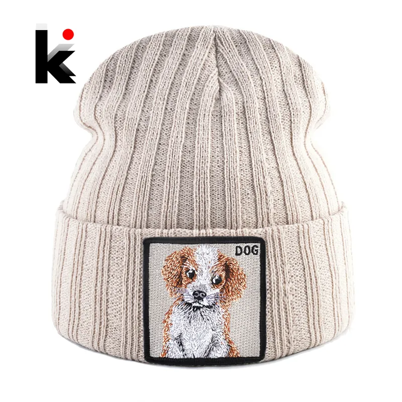 Beanie Hat with Dog Embroidery Patch Knitted Acrylic Skullies for Men ...