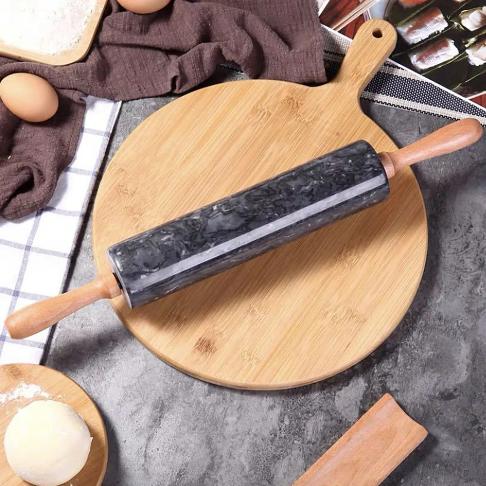 Marble Stone Rolling Pin With Wood Handles And Cradle Cake Pizza Tools ...