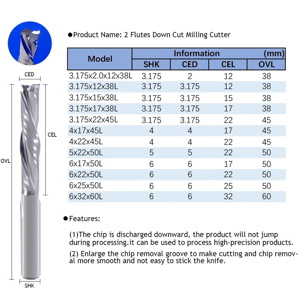 Left-Handed Spiral Router Bit Set - 3.175mm 4mm 5mm 6mm 2 Flute Down ...