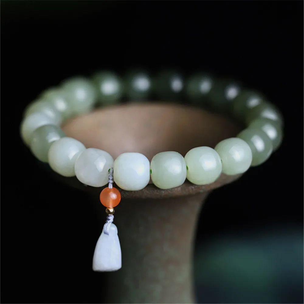 Natural Hetian Jade Bead Bracelet with Jade Lotus Root Pendant and Red ...