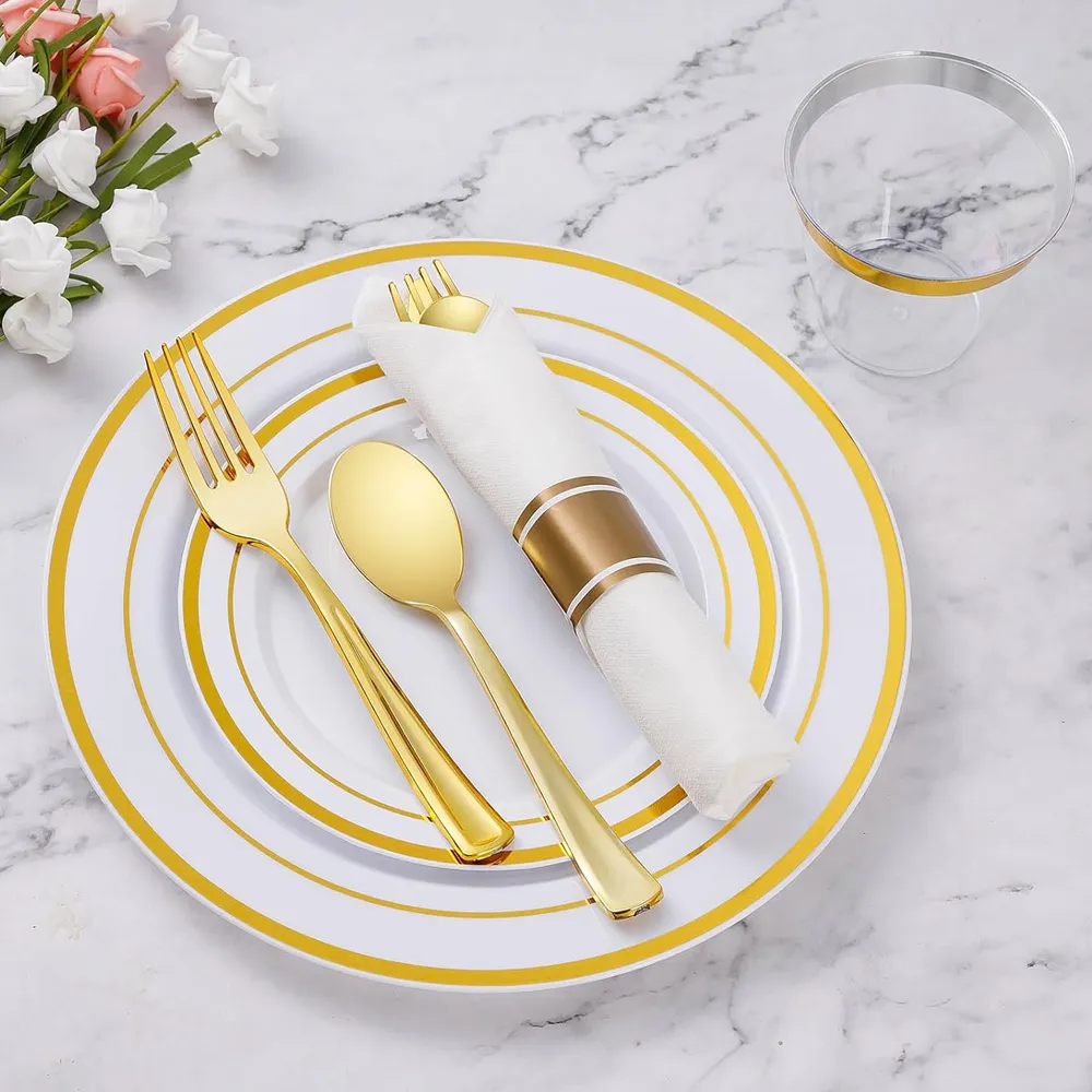 Gold & Silver Disposable Plastic Silverware Set | 100-Piece Pre-Rolled ...
