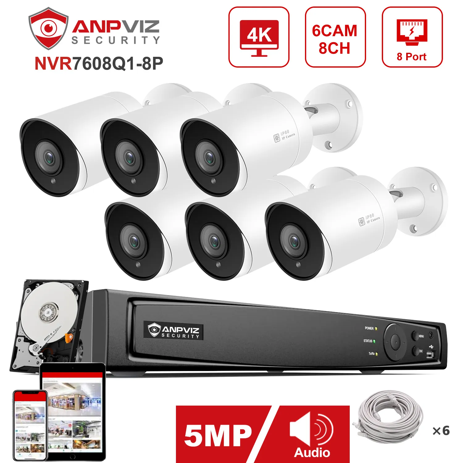 DHgate.com:Anpviz 8CH 4K NVR Security System: 4/6/8pcs 5MP IP PoE Cameras, Audio, Indoor/Outdoor ...