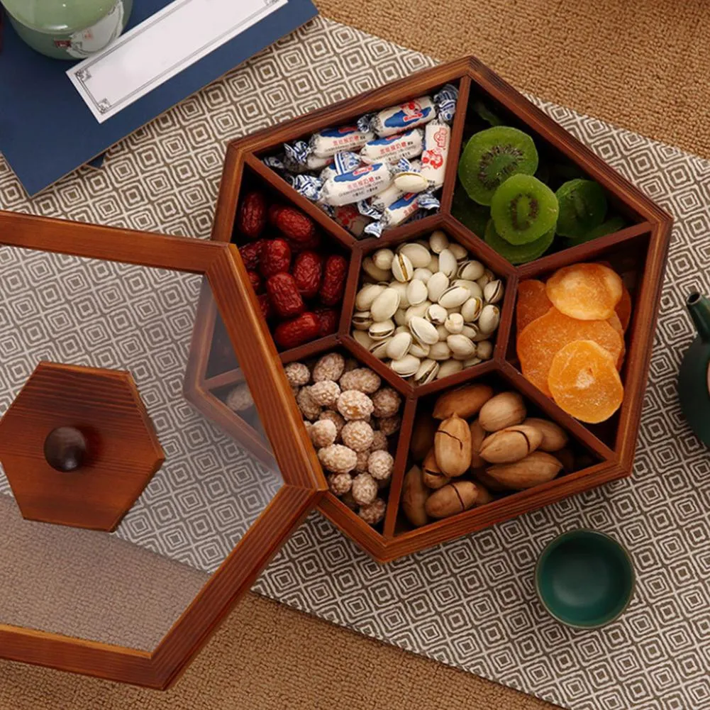 Solid Wooden Snack Box, Chinese Style Multi-Grid Dried Fruit Tray ...
