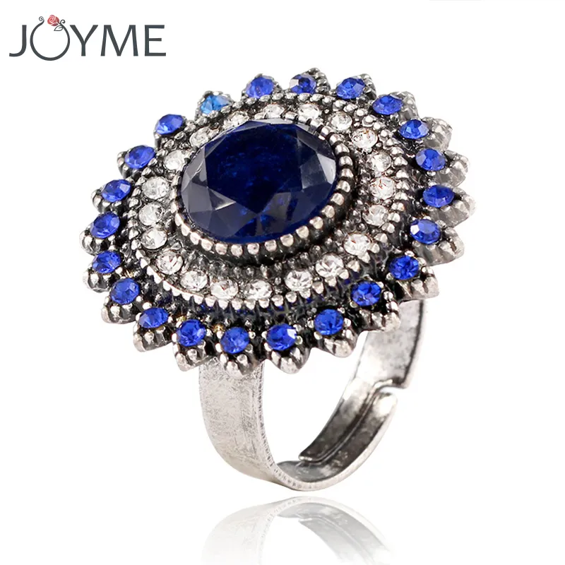 Adjustable Women Rings with Black and Blue Round Stones Antique Silver ...