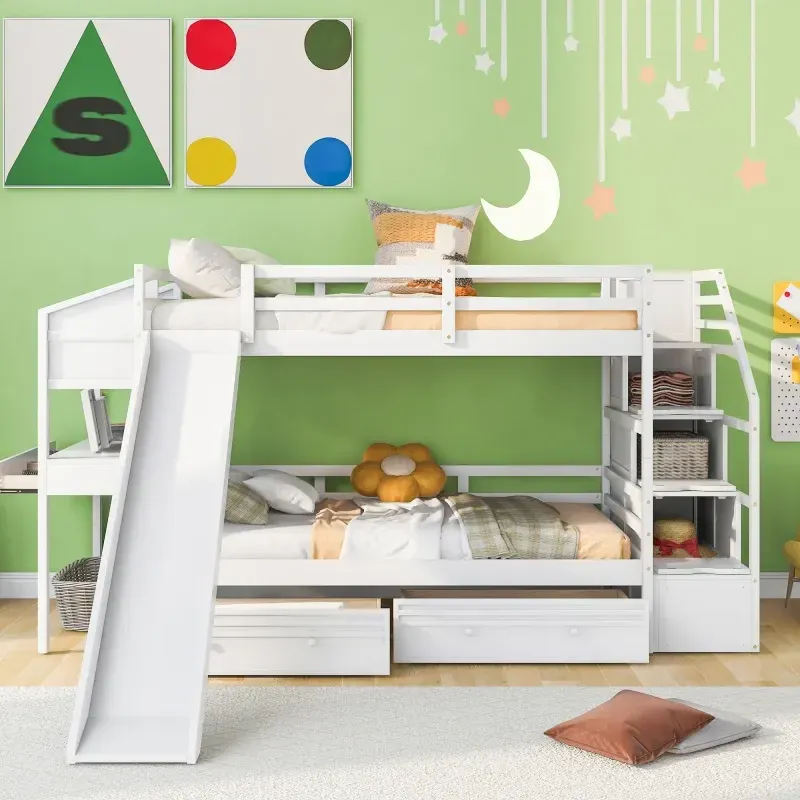 DHgate Twin Over Twin Wood Bunk Bed with Staircase Slide Drawers Desk and Shelves for Kids Bedroom Espresso Home Garden