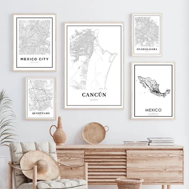 Black White Mexico Country Road Map Wall Art Canvas Prints | Minimalist ...