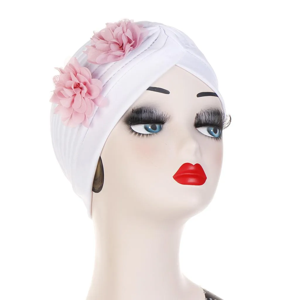 Women Holiday Cap Solid Color Muslim Turban Cap Flower Pleated Elastic ...