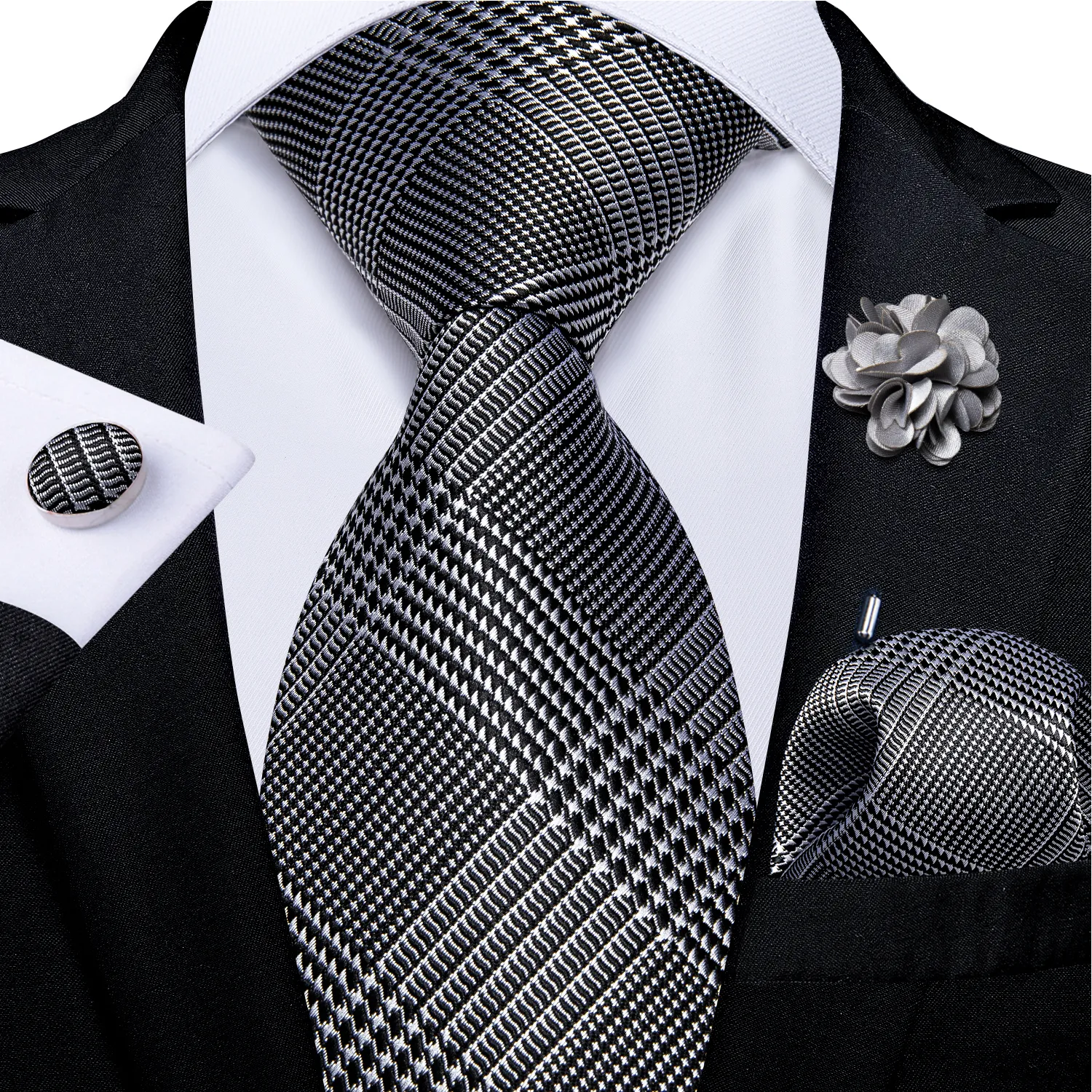 Men's 8cm Gray Paisley Ties: Handkerchief, Cufflinks & Brooch Pin for ...