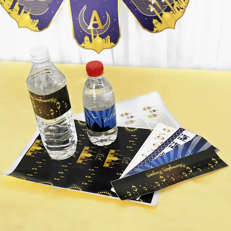 Ramadan Kareem Water Bottle Labels With Star, Moon, And Rectangle Table ...