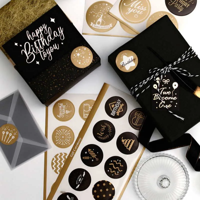 Wholesale 40/Upscale Gold/Black Happy Birthday Gold Foil Stickers Self ...