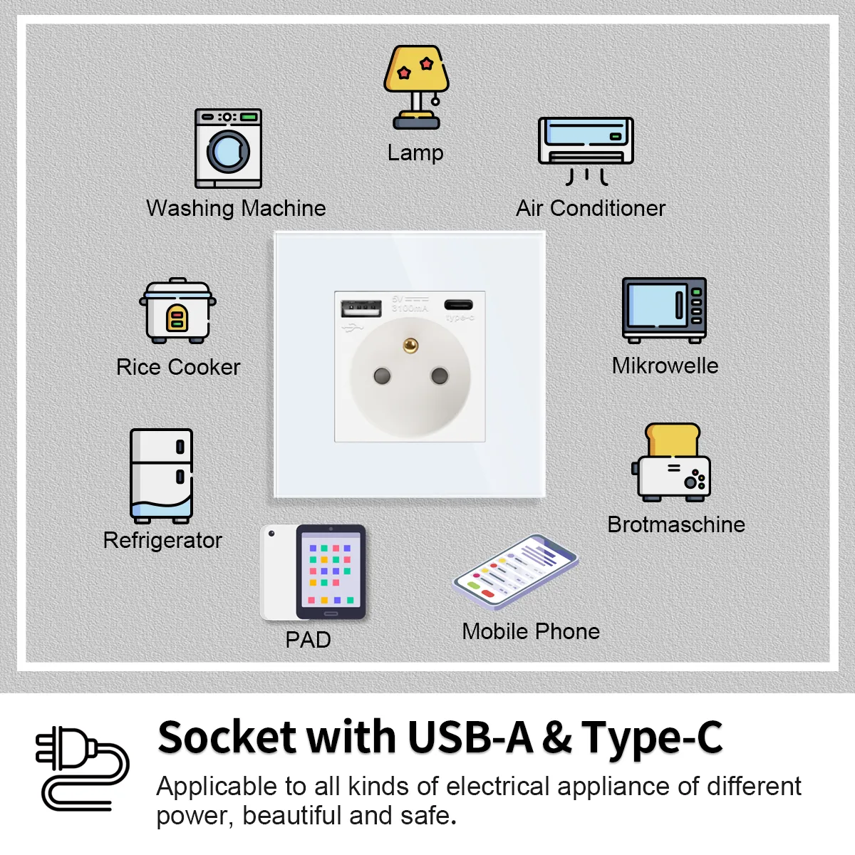 France Standard Double Sockets French Type-c Outlets 110-250V Glass ...