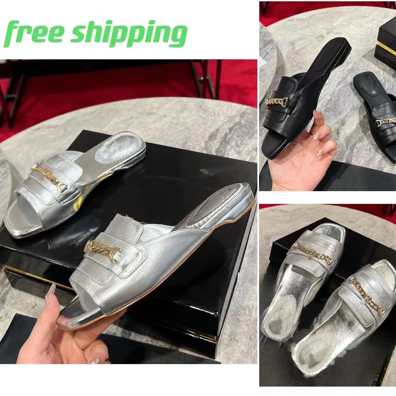 Luxury Designer Silver Sandals Low Heel With Metal Chain And Real ...